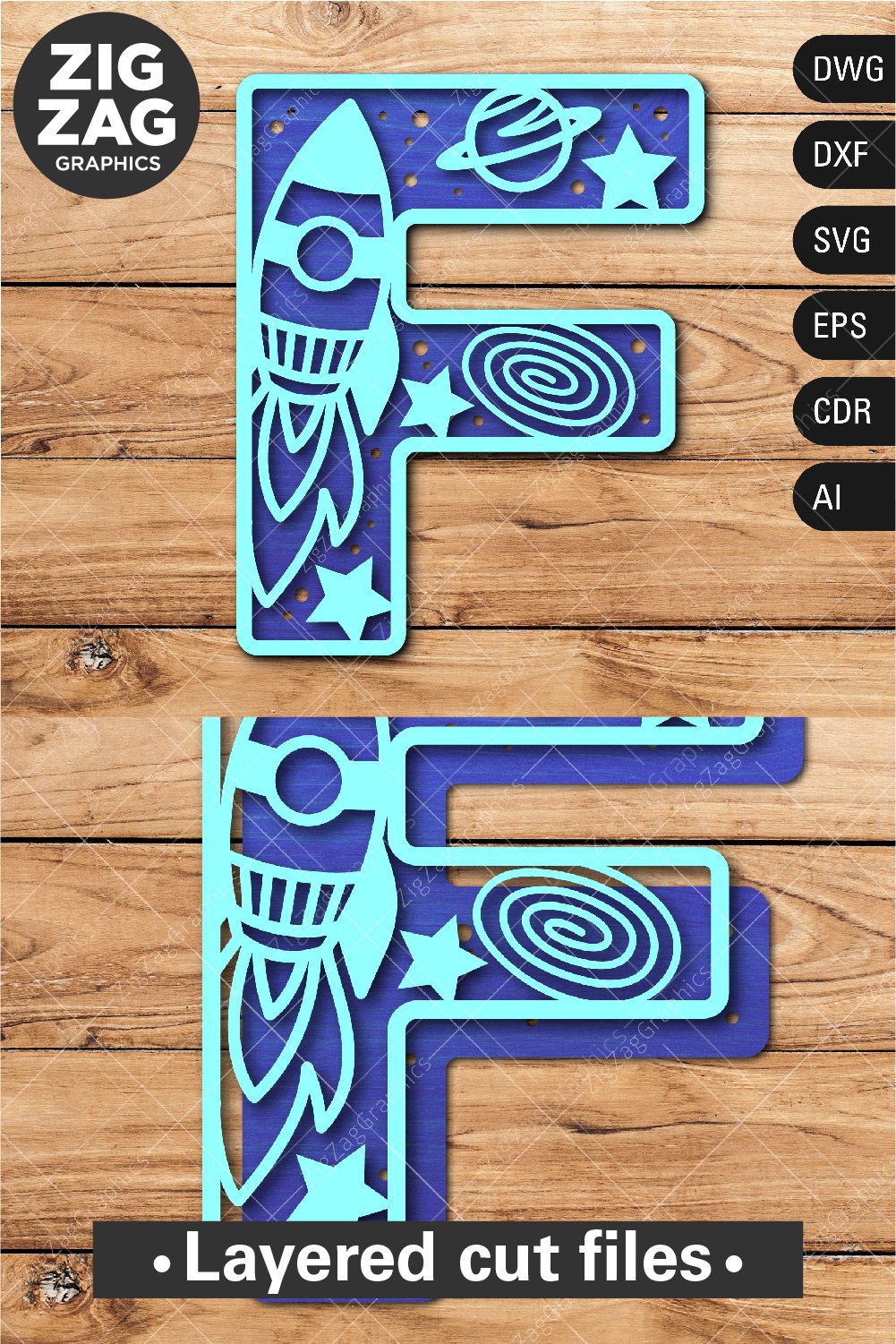 layered kids letter F with space rocket astronaut and stars