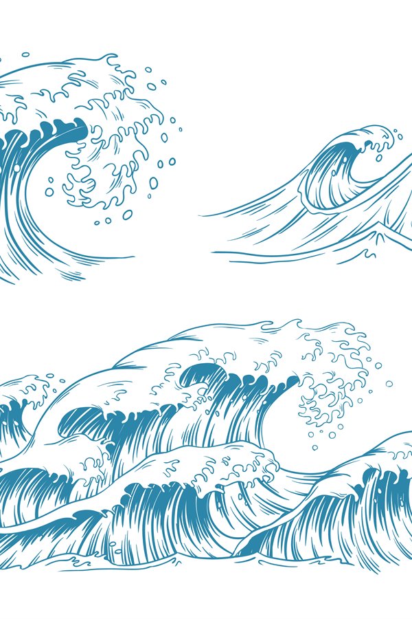 Sea waves sketch. Storm wave, vintage tide and ocean beach s