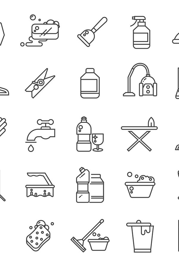Cleaning and washing house, laundry outline vector icons. An