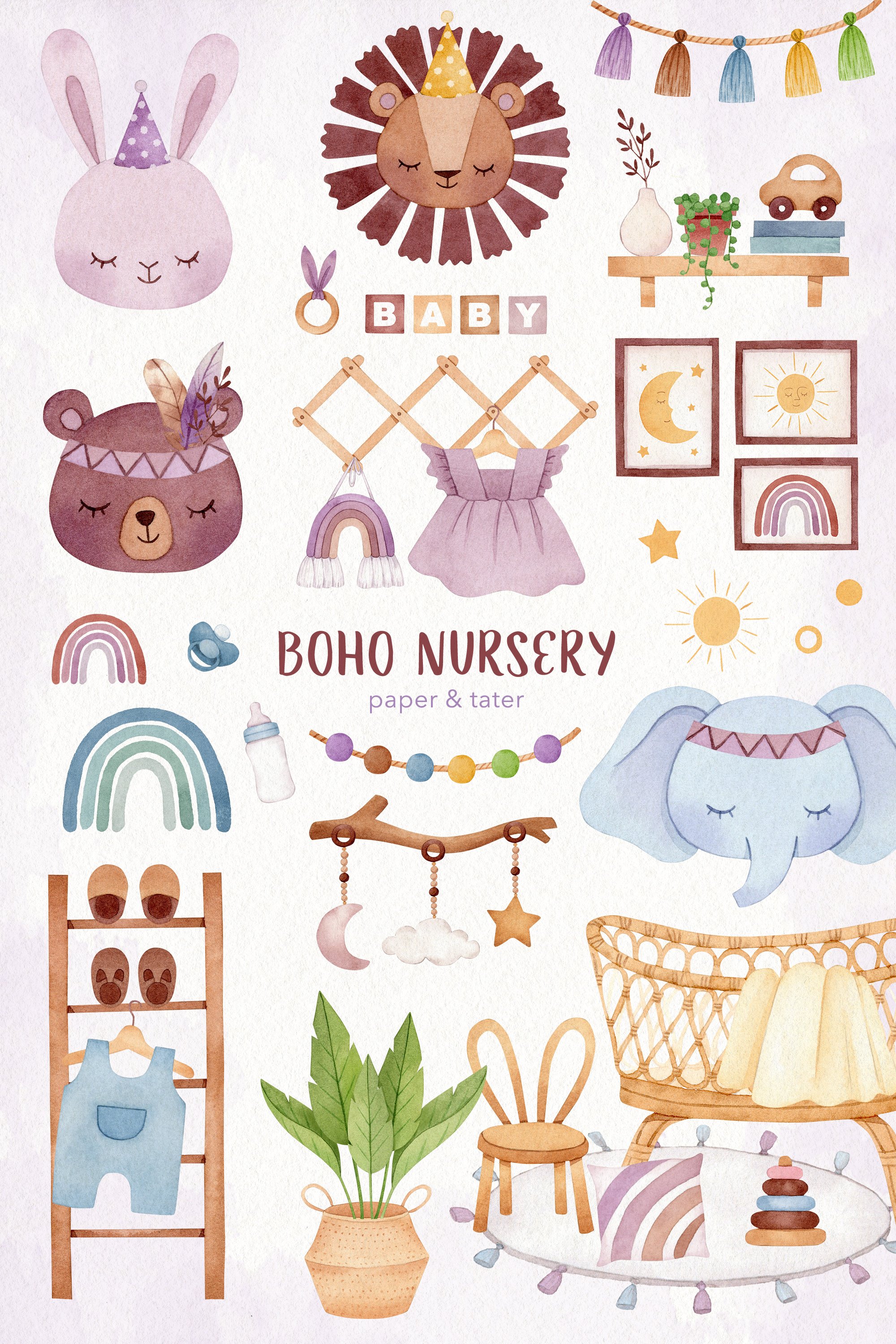 Watercolor BOHO Nursery Clipart Set, Bohemian Baby Room PNG