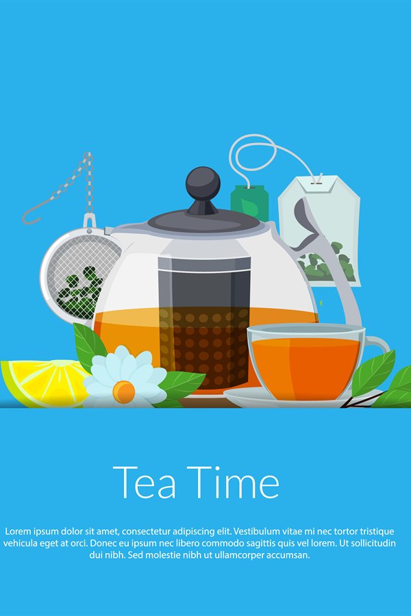 Vector cartoon tea kettle and cup in paper pocket illustrati