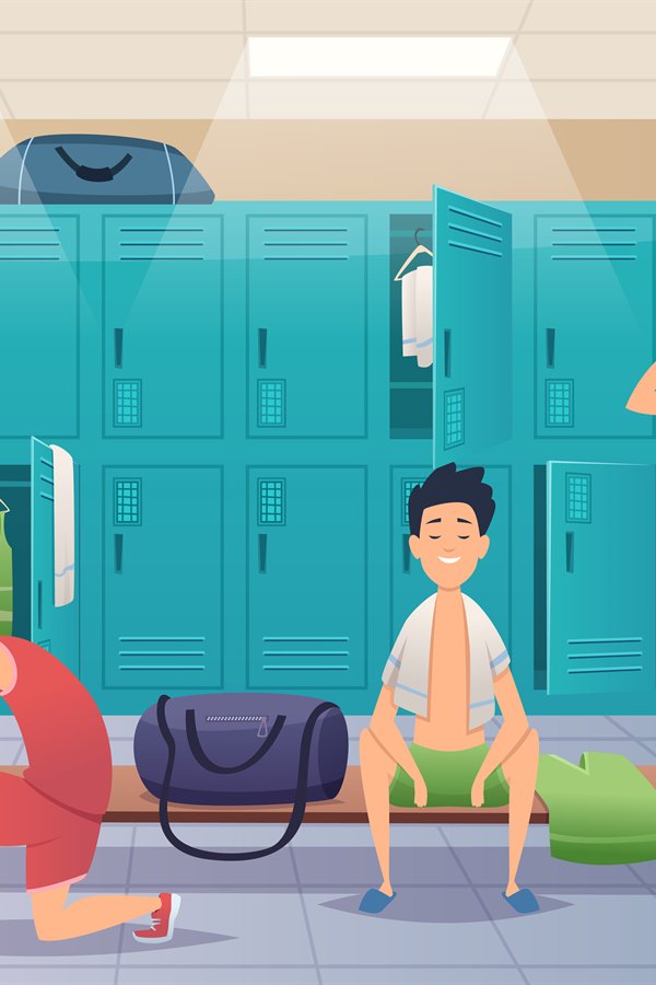 School locker room. Sport gym locker with kids in college ve