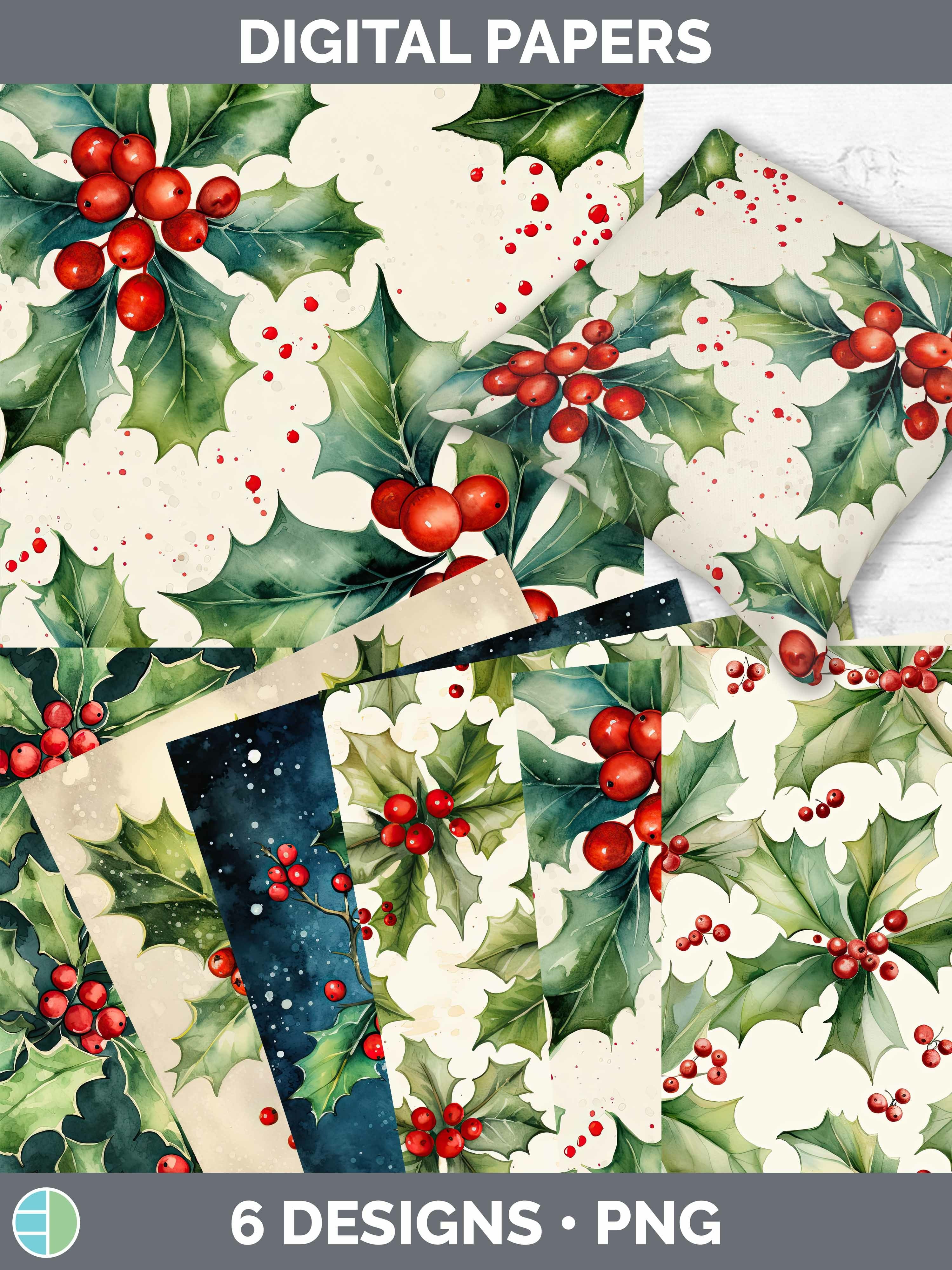 Christmas Holly Paper Backgrounds | Bundle Digital Scrapbook