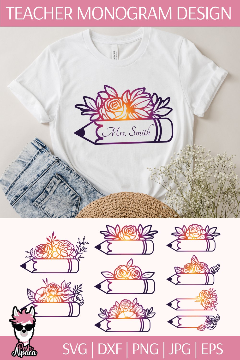 Teacher name SVG, teacher pencil monogram sublimation design