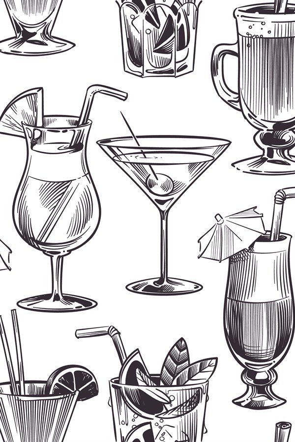 Cocktail seamless pattern. Hand drawn cocktails and alcohols