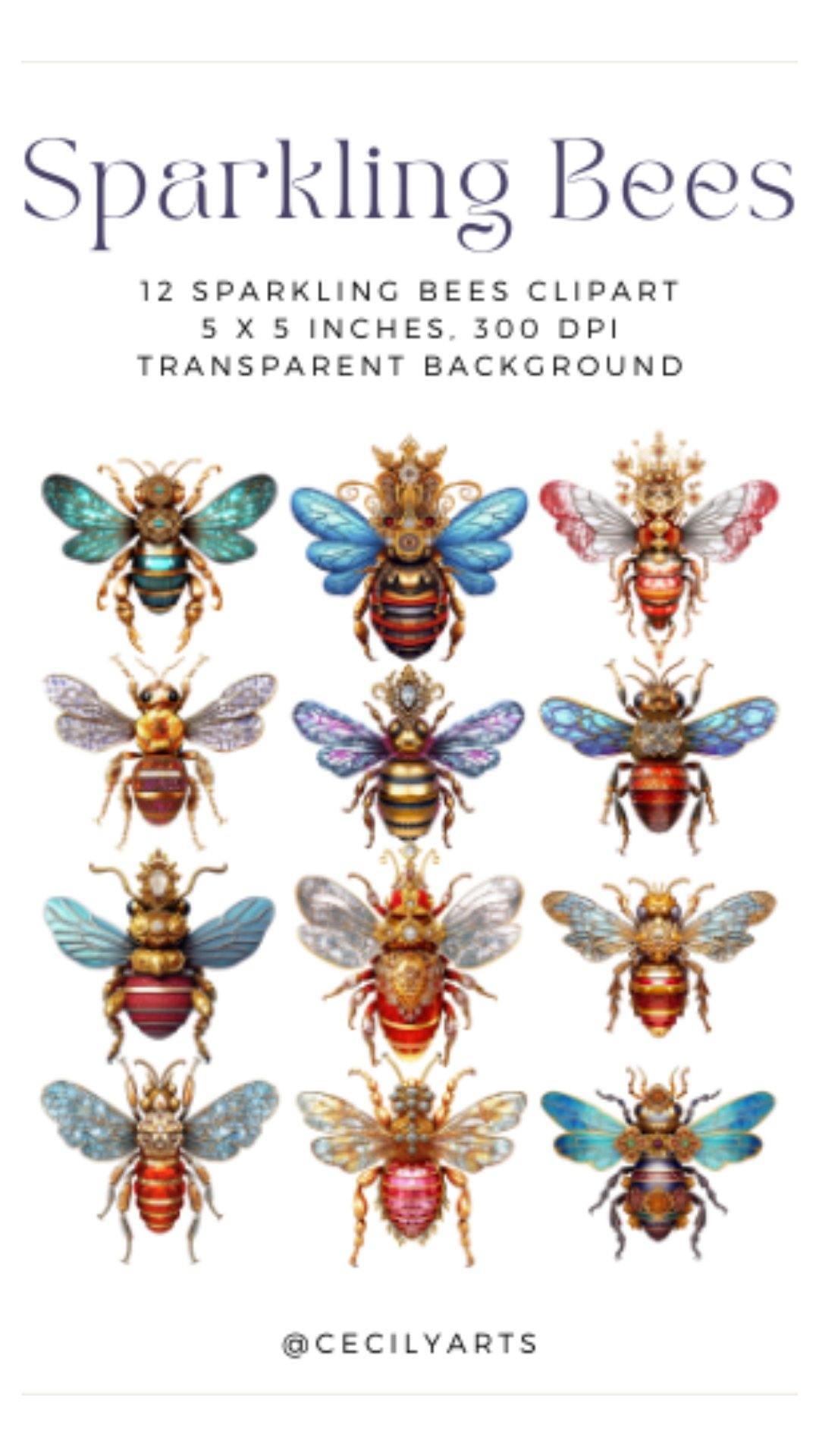 12 Watercolor Sparkling Bees Clipart