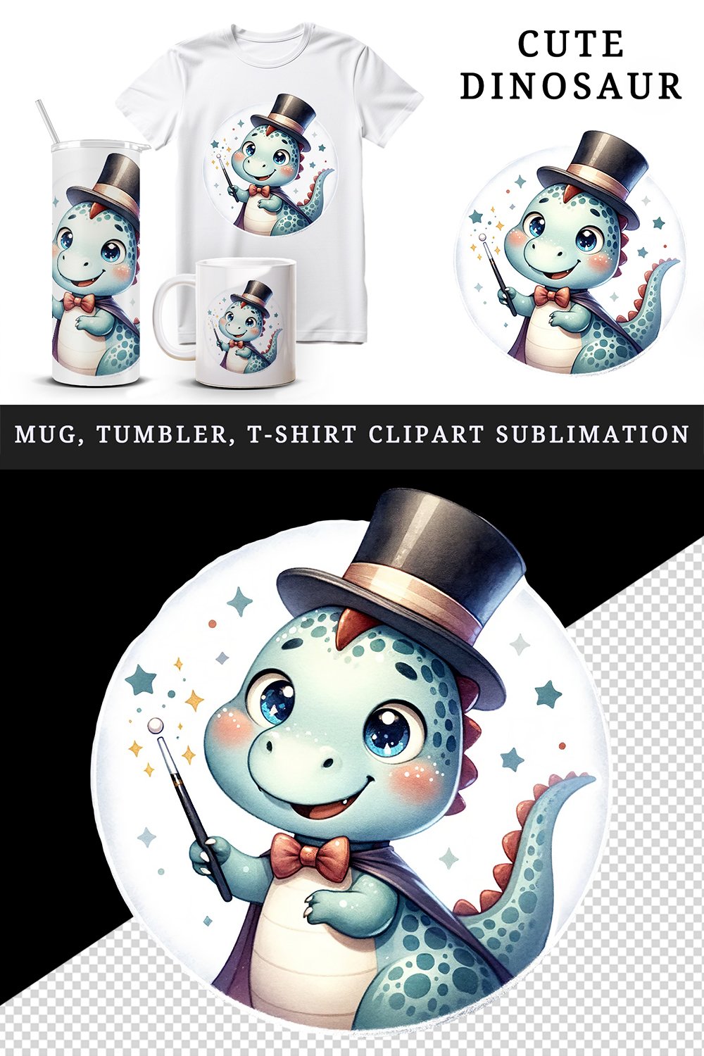 Cute dinosaur magician tumbler mug wrap clipart sublimation