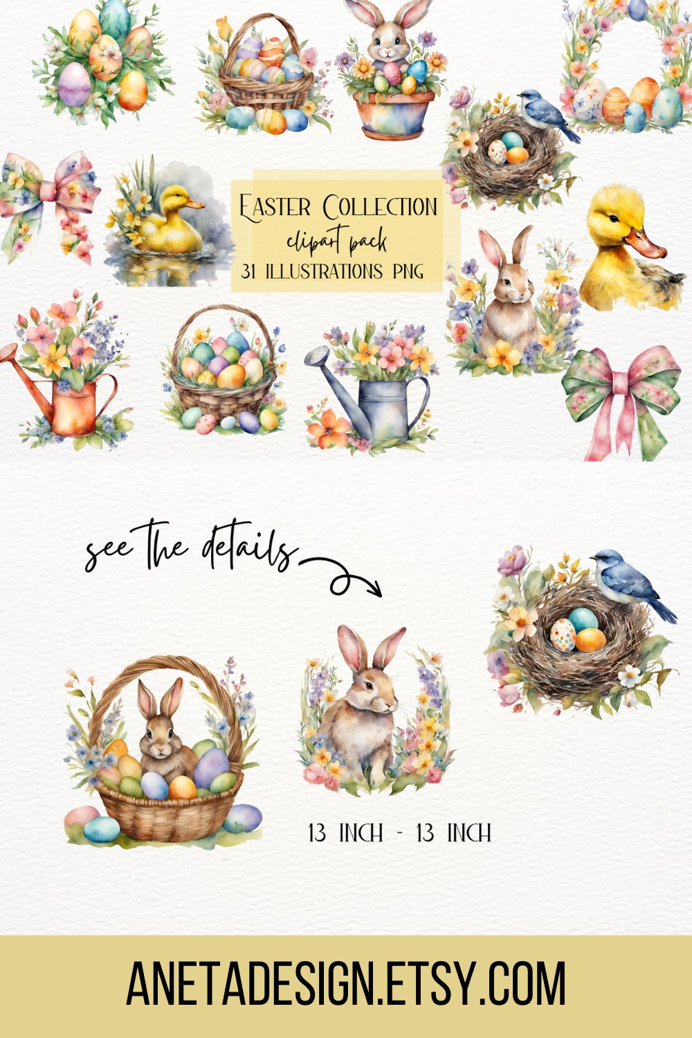 Watercolor Easter Bunny Clipart, Spring Clipart