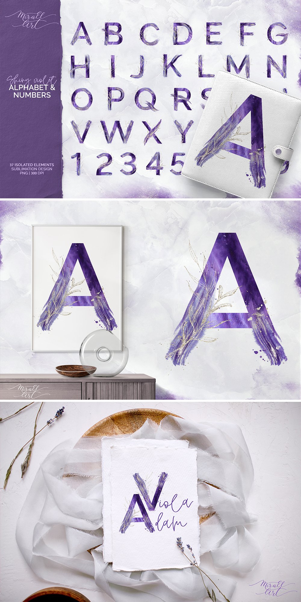 Violet Floral Alphabet. 26 Monograms & Numbers. (2291925)
