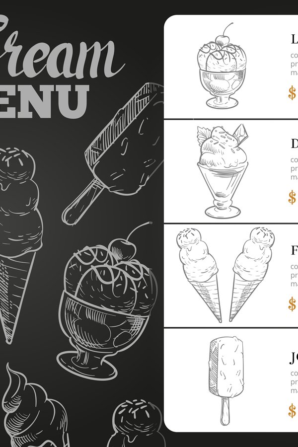 Ice cream menu with prices - desserts blackboard menu card