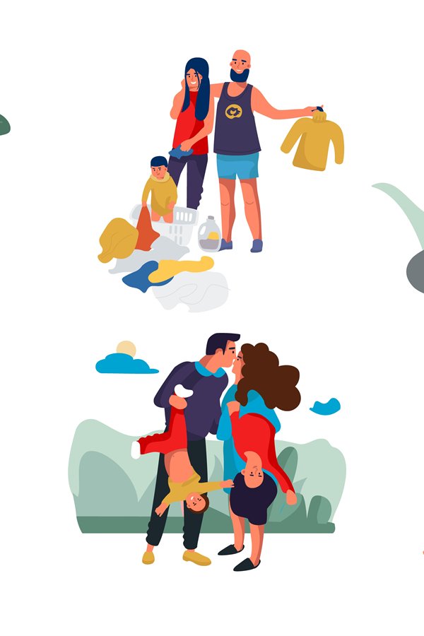 Family scenes. Happy parents and children trendy cartoon cha