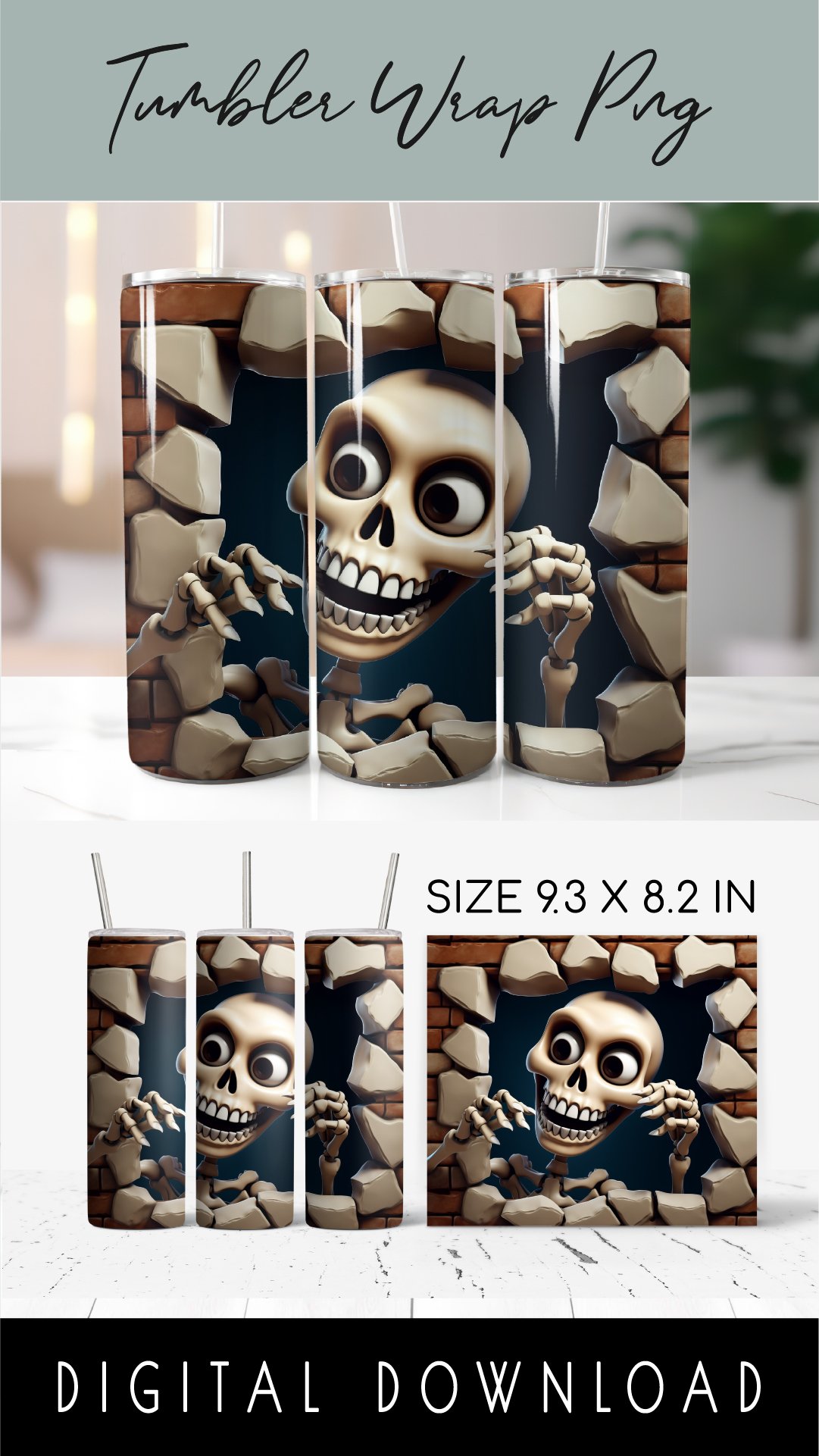 Halloween Skull 3D Tumbler Wrap, Smashed Wall Sublimation