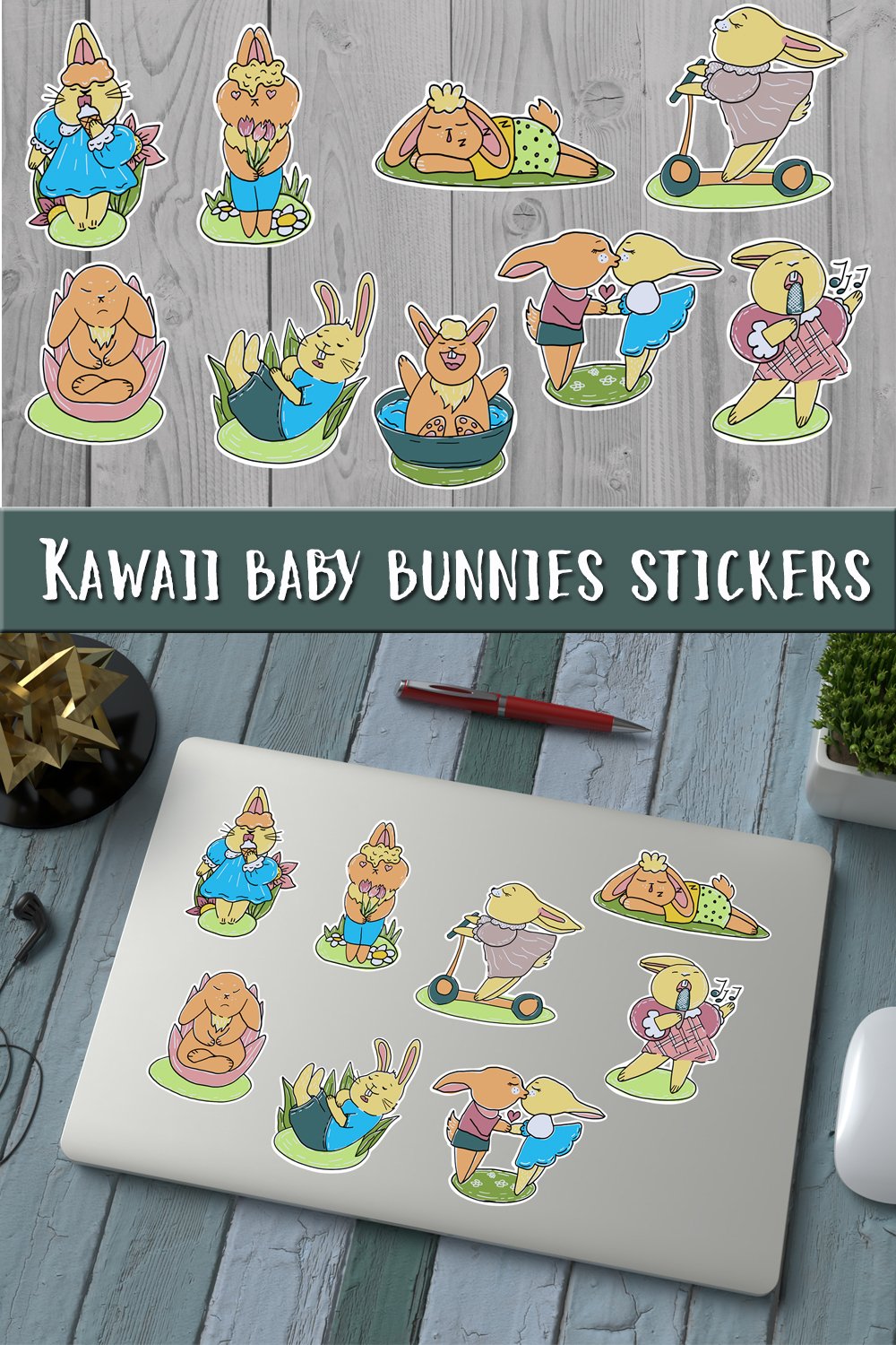 Cute kawaii baby bunnies stickers. PNG baby rabbits stickers