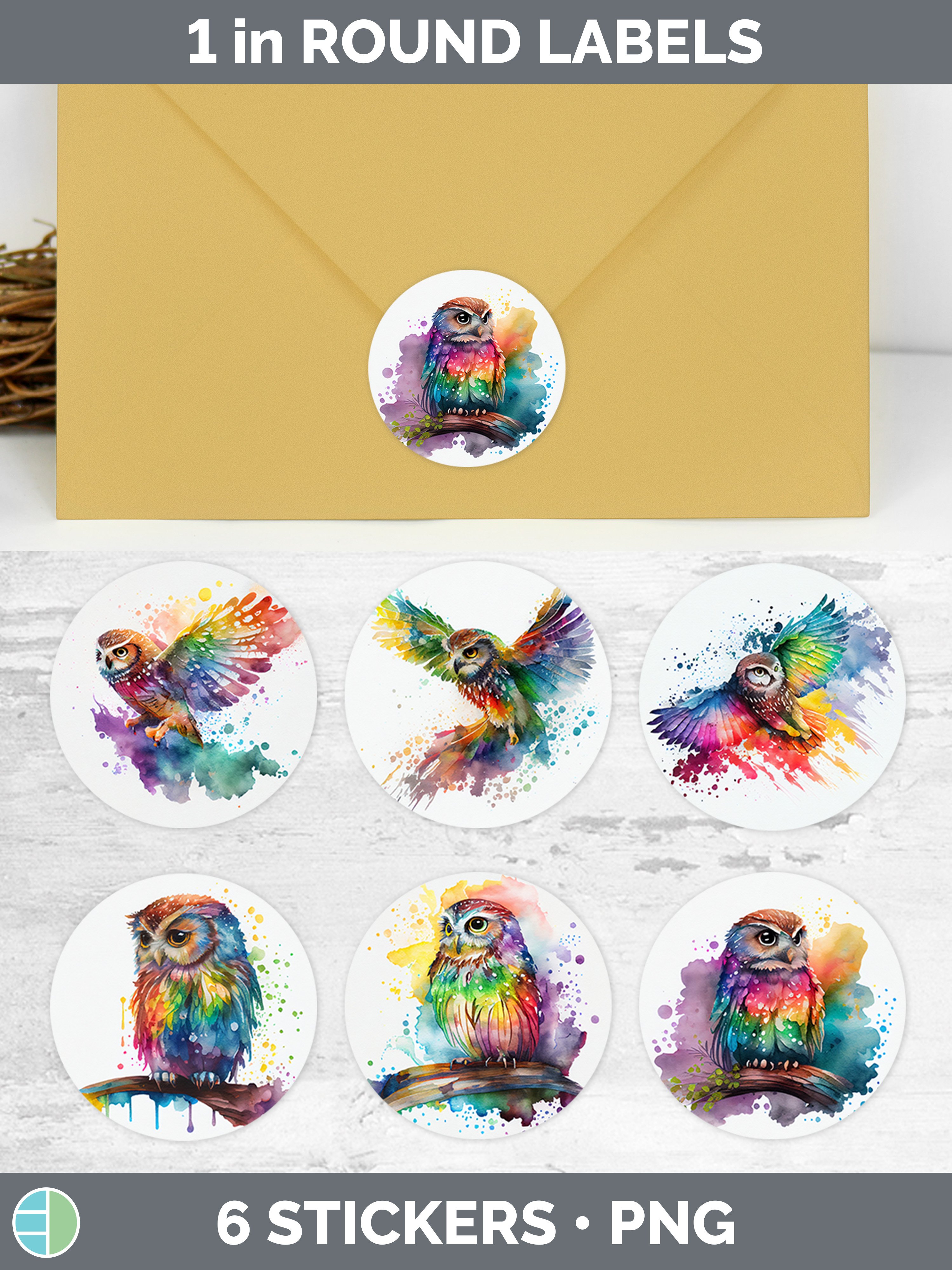 Rainbow Little Owl Stickers | Round Labels Designs Bundle