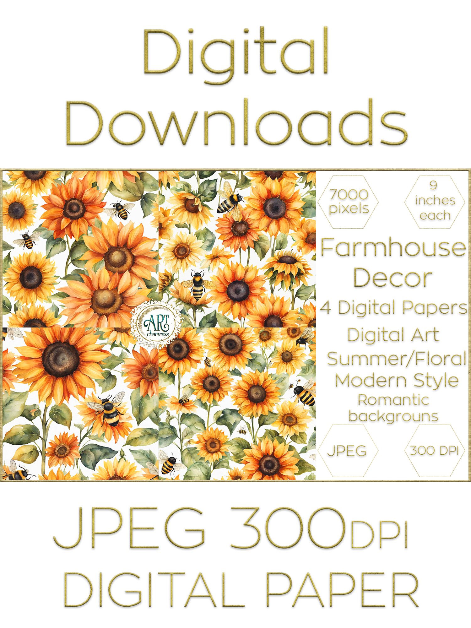 Watercolor Vintage Sunflower Digital Paper (3563342)