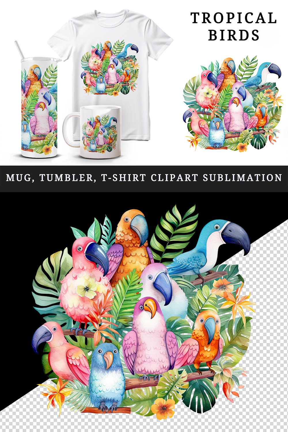 Tropical birds tumbler, mug wrap, clipart sublimation design