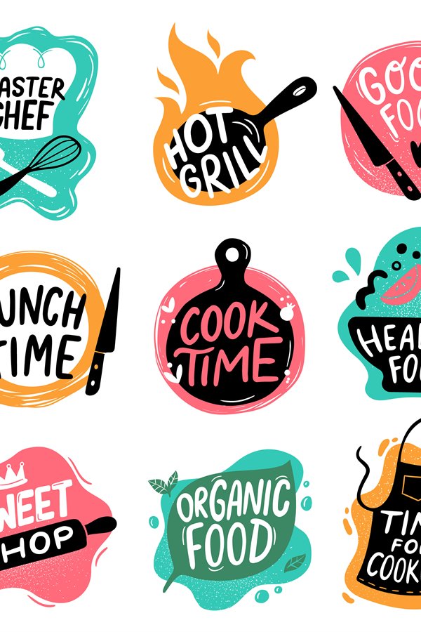 Cooking food lettering. Kitchen badge logos, baking foods ty