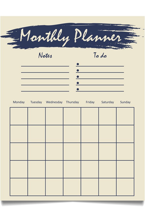 Monthly planner template design with grunge element notes an