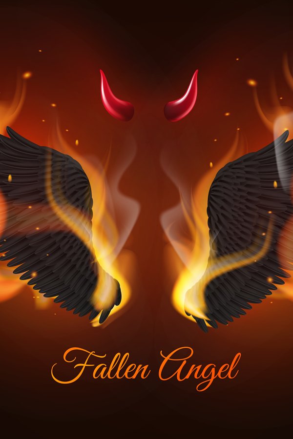 Realistic burning wings. Black feathers demon wings, red dev