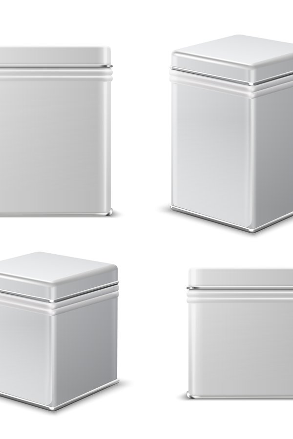 Tin can. Rectangular white metal container. Food product pac