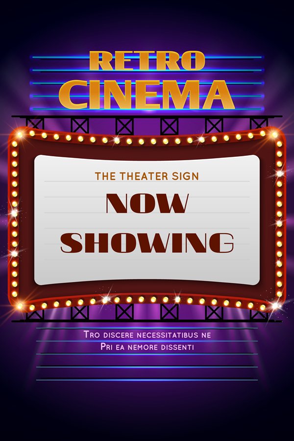 Retro hollywood cinema 3d glowing light sign. Movie light di