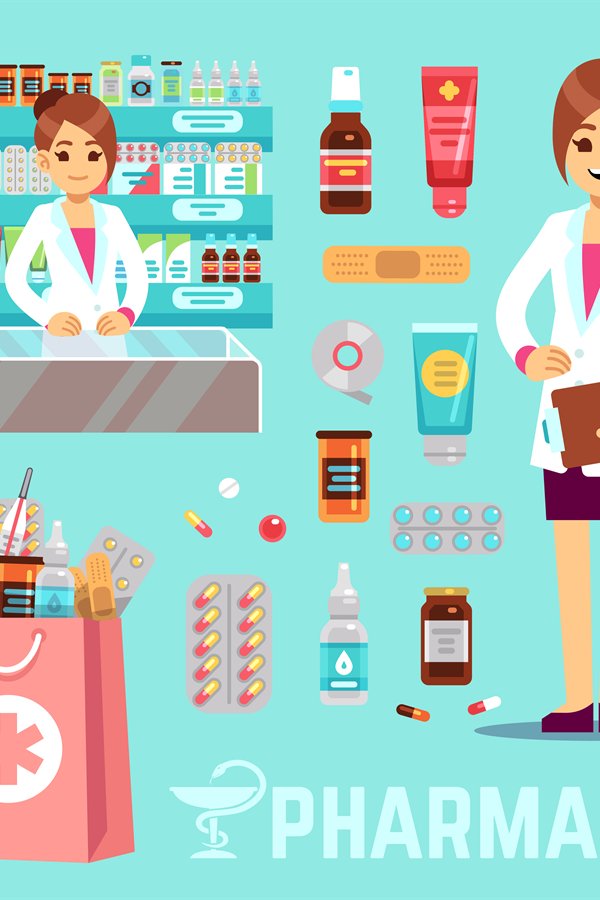 Pharmacy vector elements with female pharmacist and drugs. P