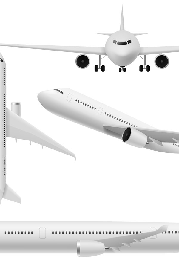 Airplane 3d. Airliner top, side and front view. Flying aircr