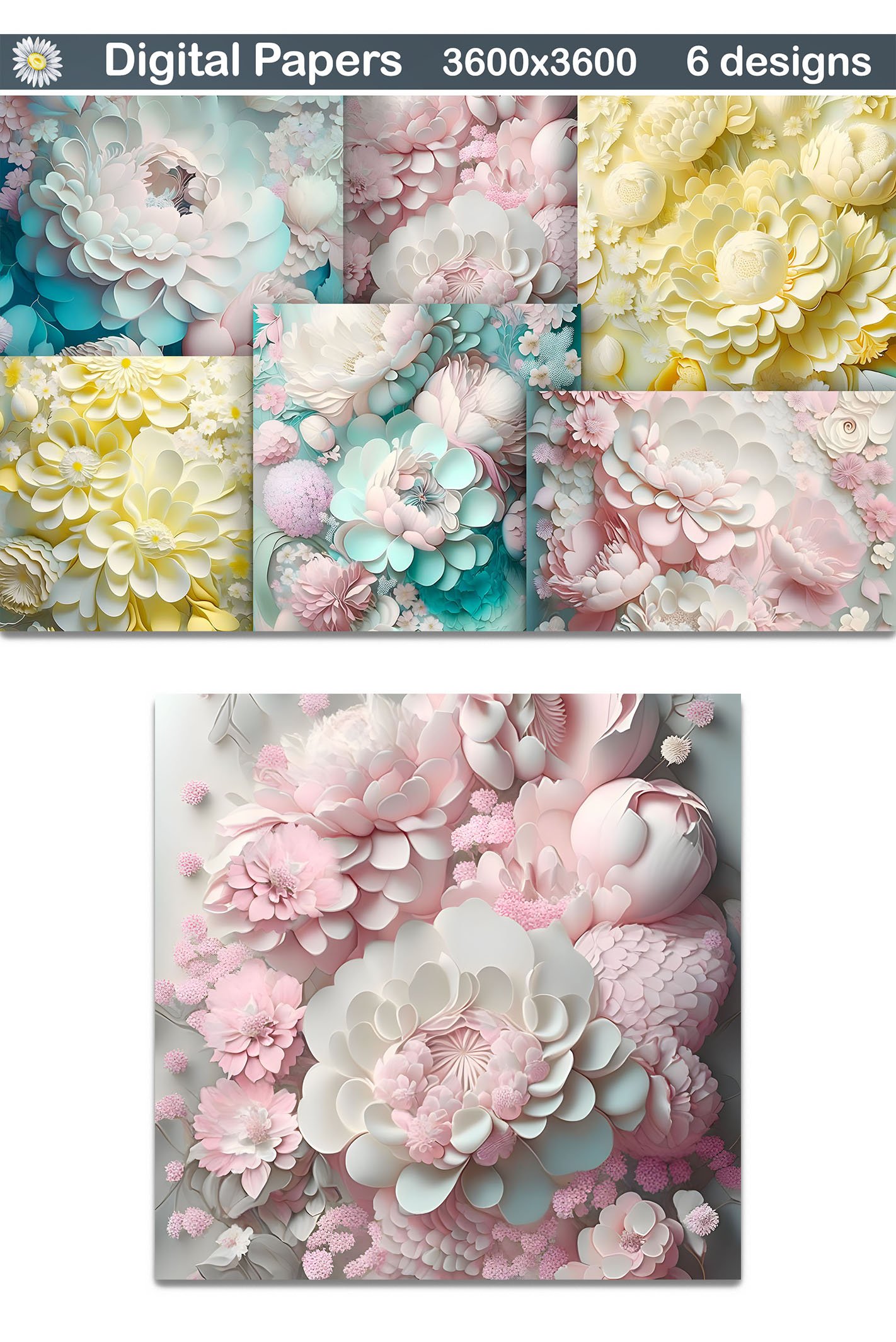 3D Flowers Background | Pastel Peonies Digital Paper