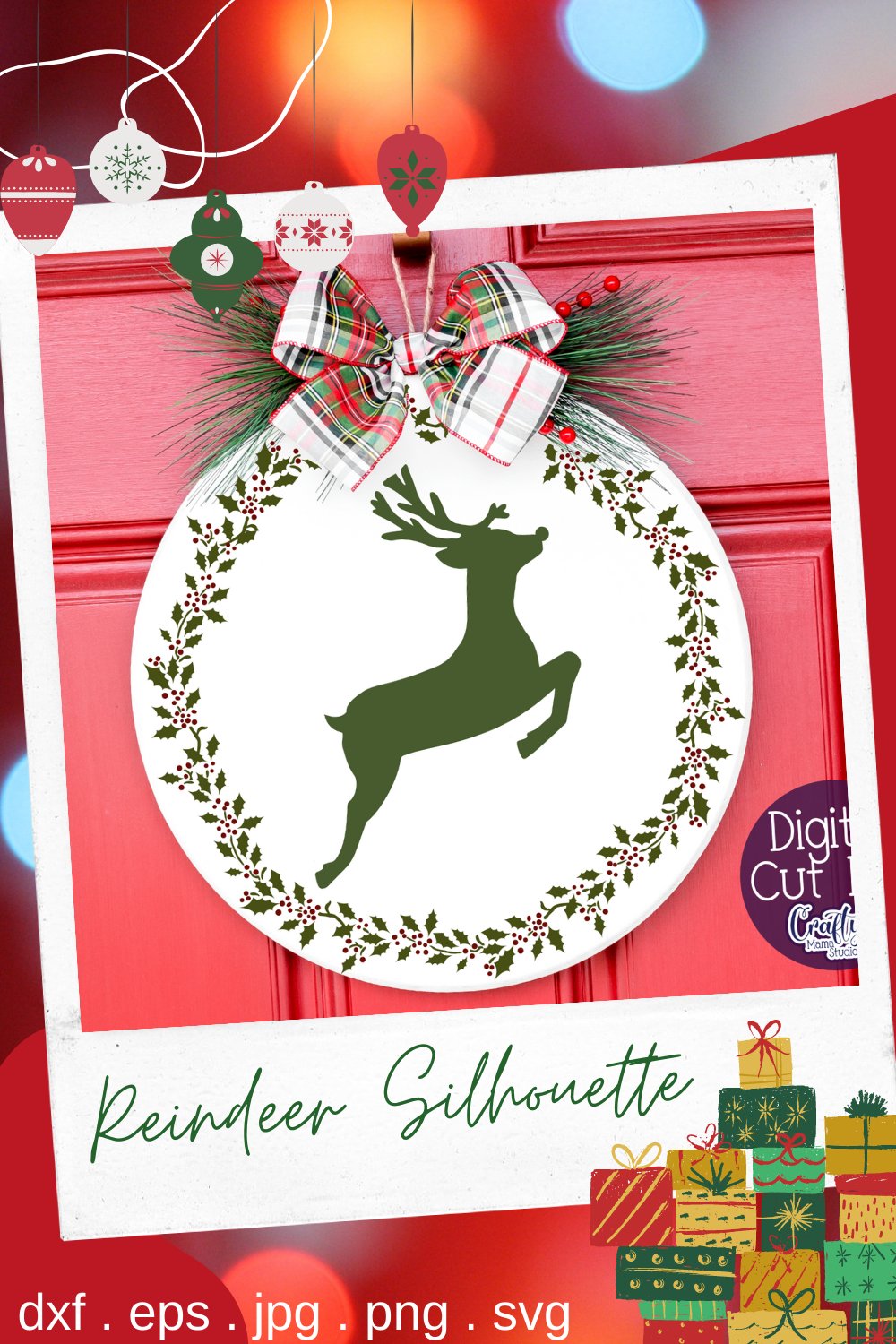 Reindeer Silhouette Christmas Round Sign Svg