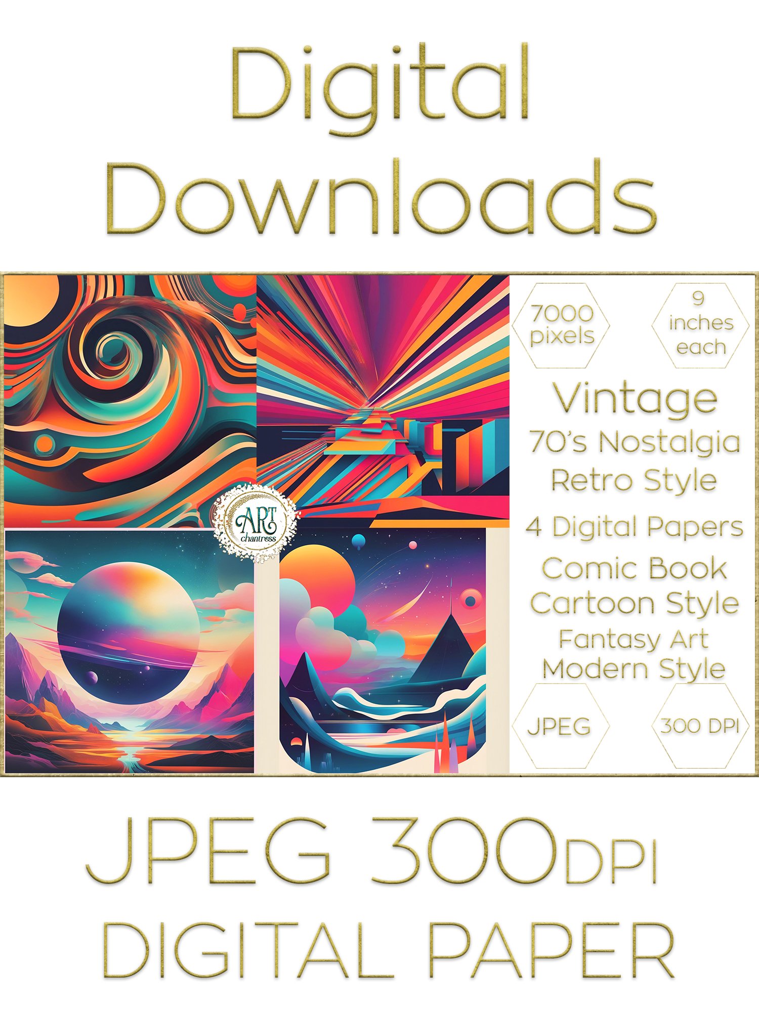 70 Nostalgia Retro Style Digital Papers Fantasy Vintage Art