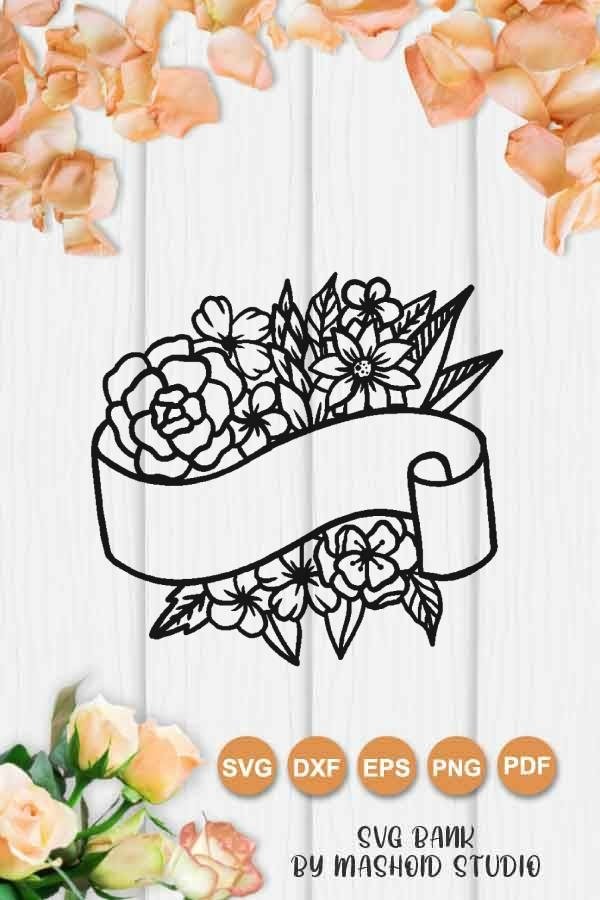 Flower Ribbon Banner SVG, Floral Wedding Banner SVG
