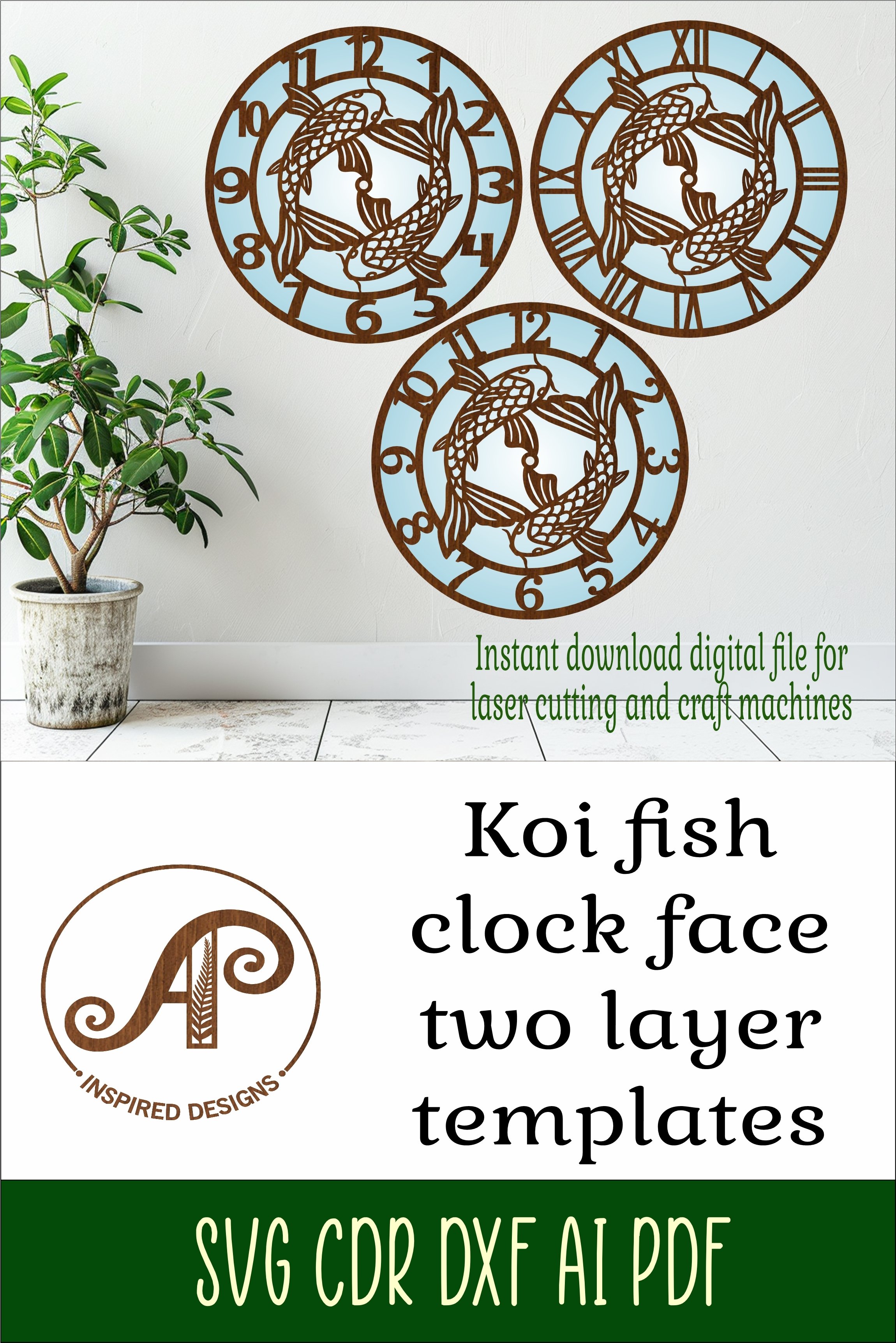 Koi Fish wall clock laser cut files, SVG