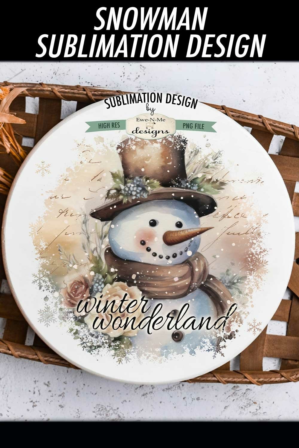 Winter Rustic Floral Snowman Round Sublimation Design