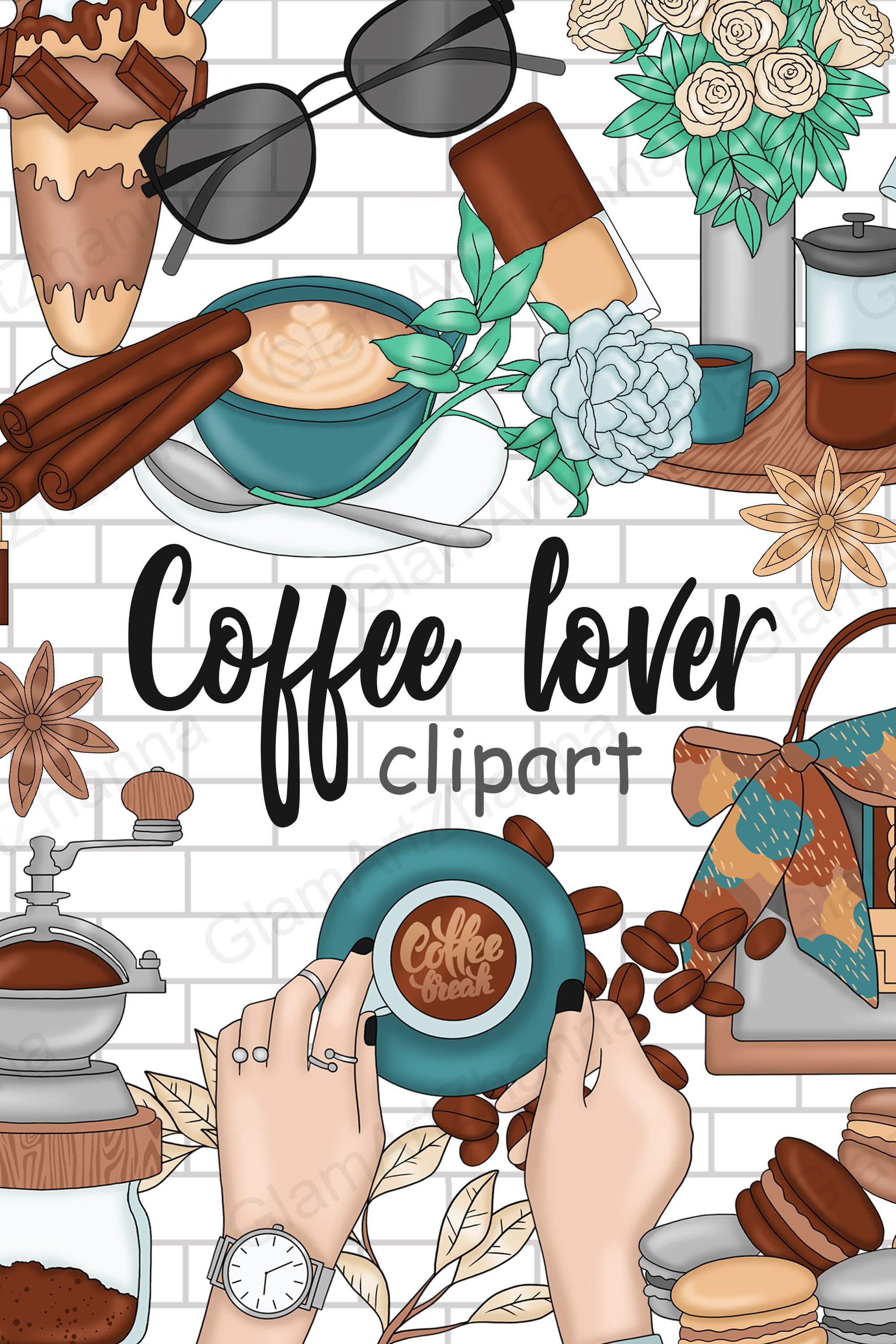 Coffee Lover CLIPART Planner Sticker Set Cafe Breakfast PNG