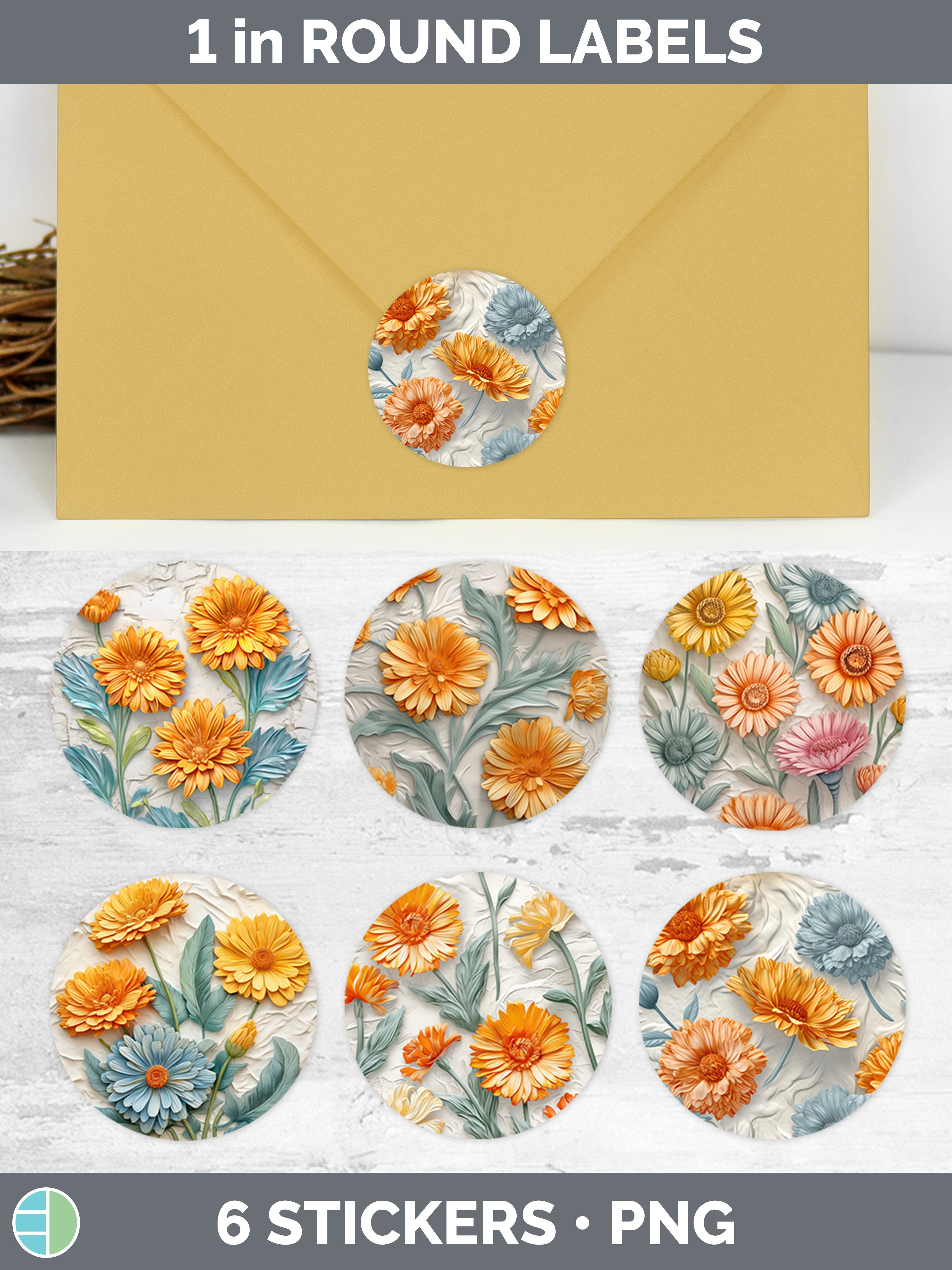 3D Calendula Flowers Stickers | Round Labels Designs Bundle
