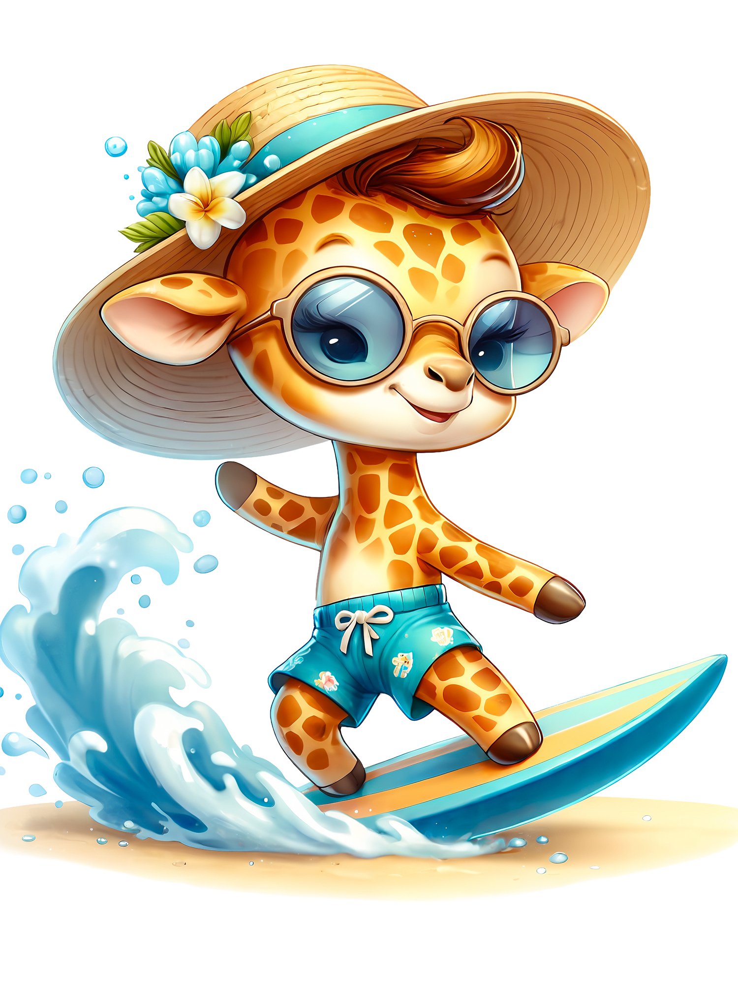 Baby Giraffe Cute Cartoon Surfer Clip Art, Summer, Sea, Png