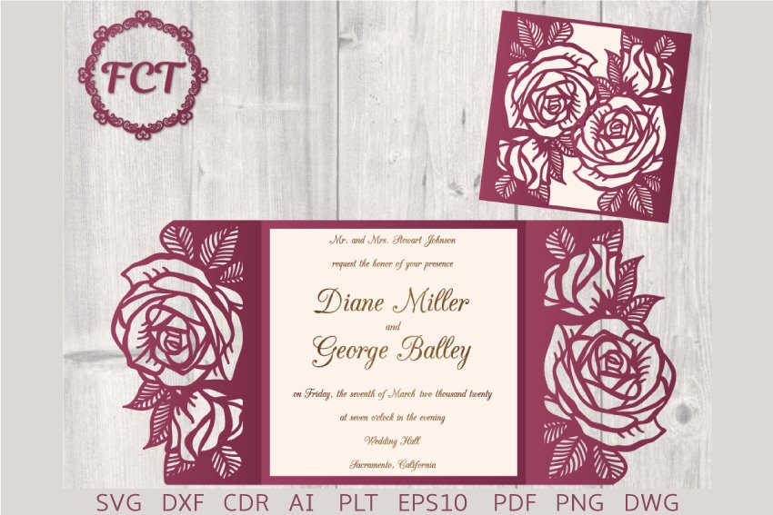 Roses Laser Cut Invite SVG Template Wedding Invitation Card
