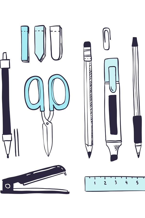 Doodle office supplies. Colored sketch of school and office