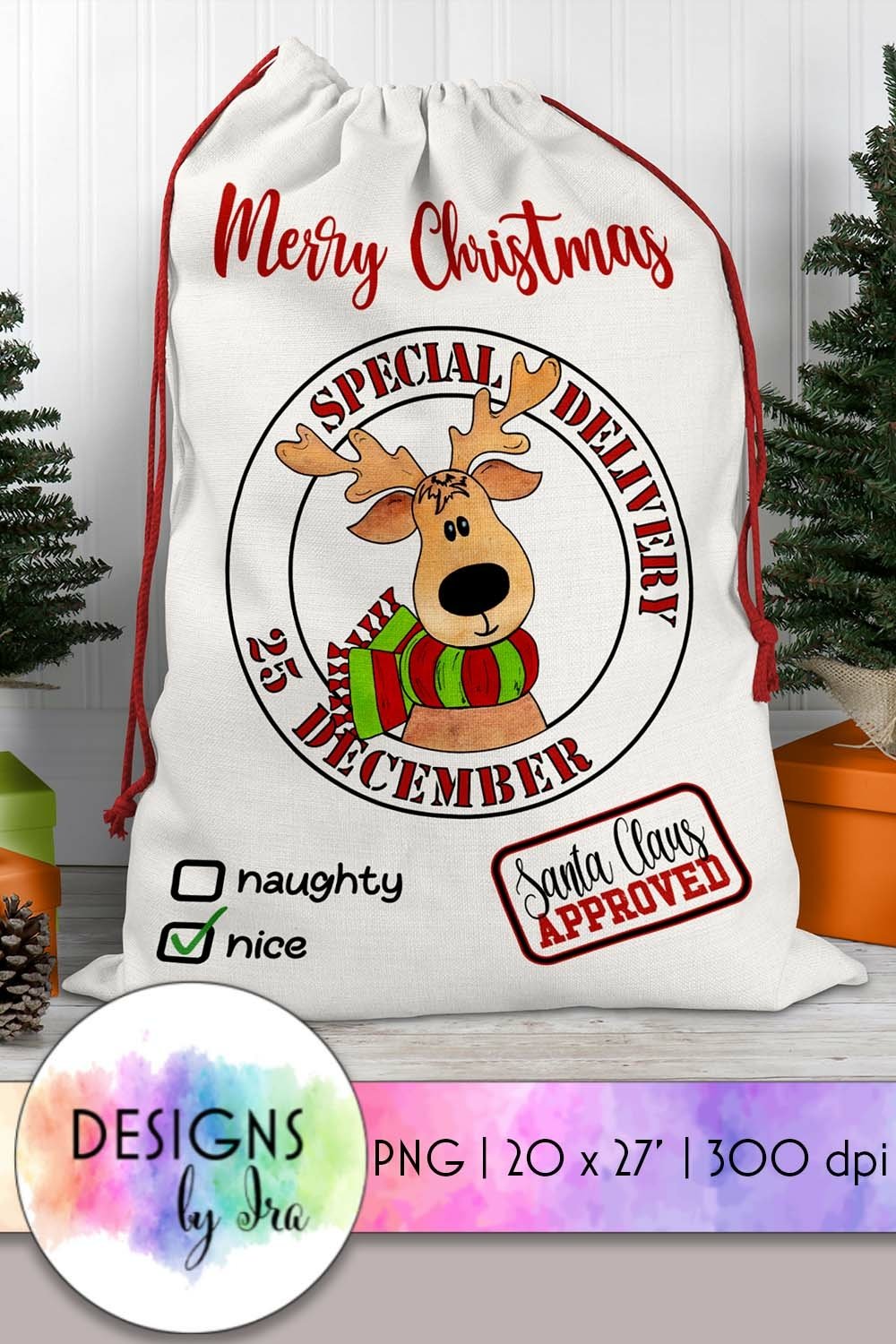 Santa Sack Sublimation with Cute Reindeer
