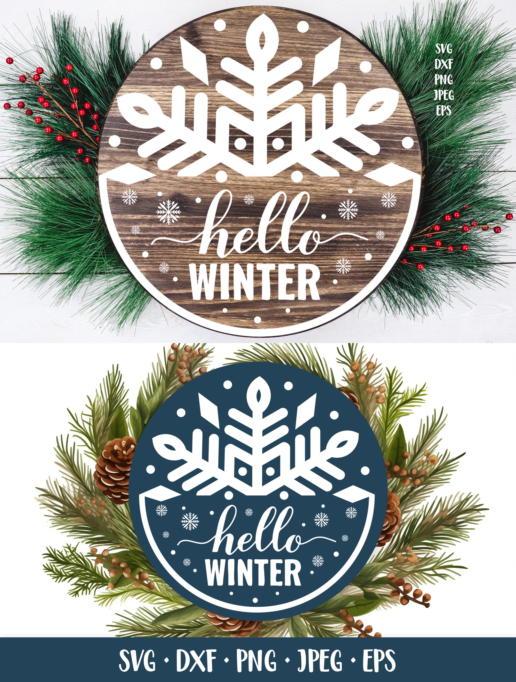 Hello Winter SVG. Winter decorations. Round door sign