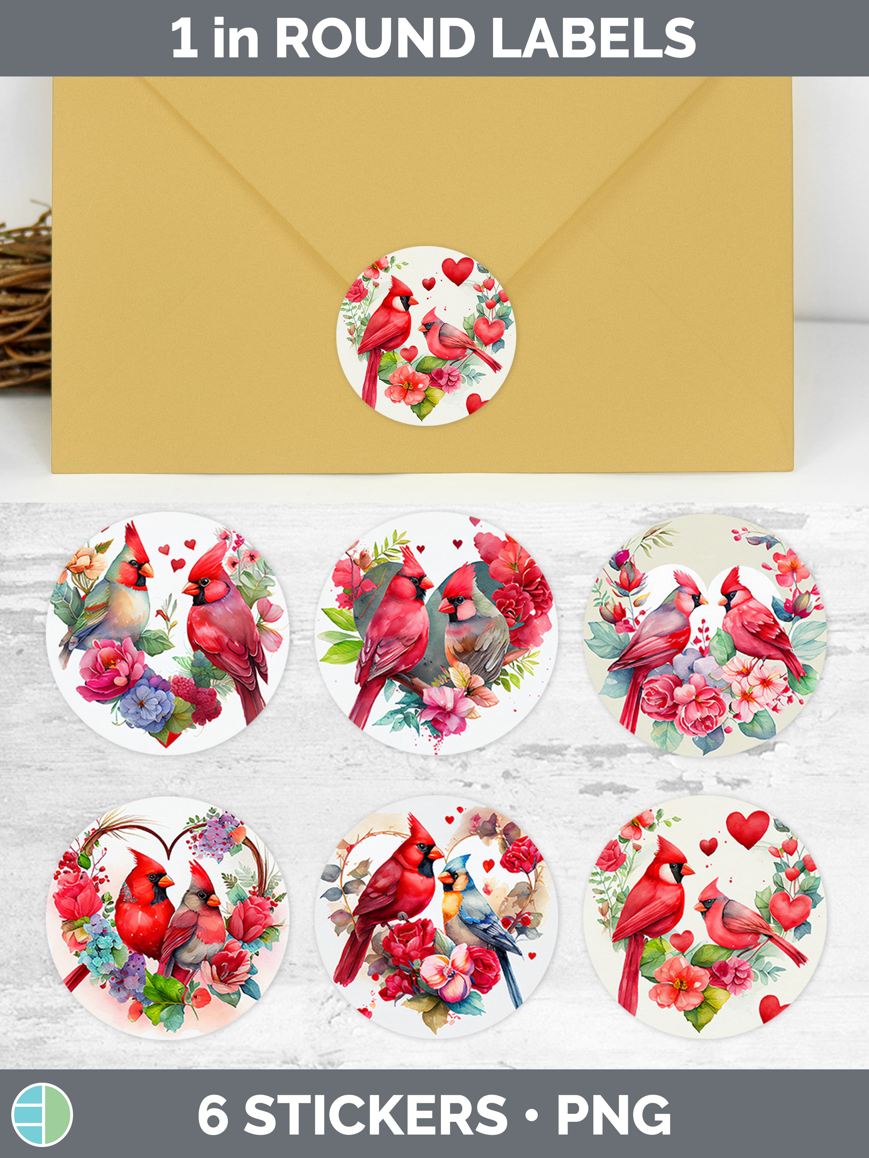Valentines Cardinal Stickers | Sticker 1in Round Labels PNG