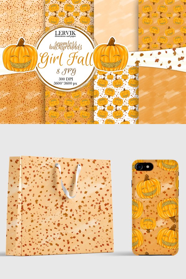 Fall Pumpkin Digital Paper Pack, Autumn patterns