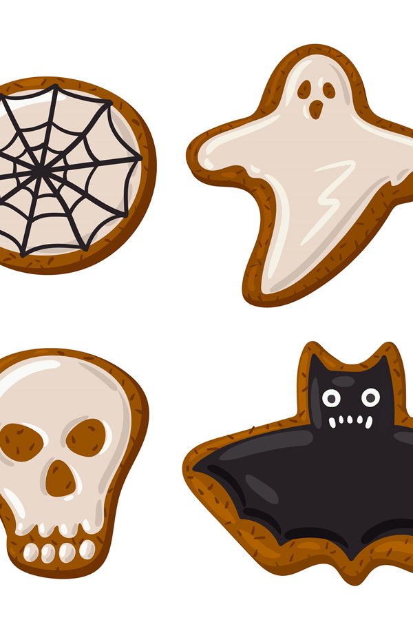 Cartoon Halloween spooky gingerbread cookies, pumpkin, skull