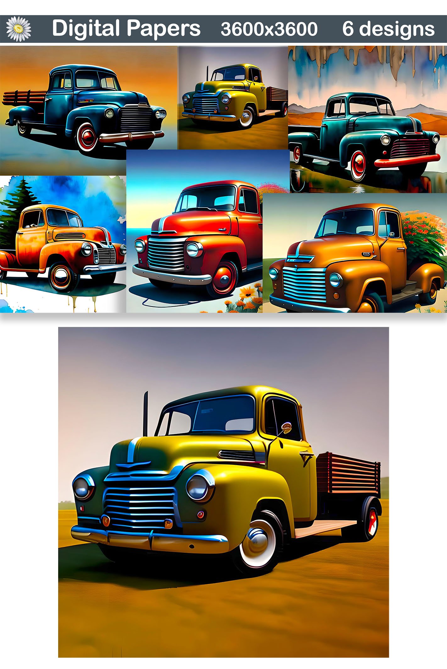 Vintage Truck Digital Paper | 3D Retro Truck Illustration