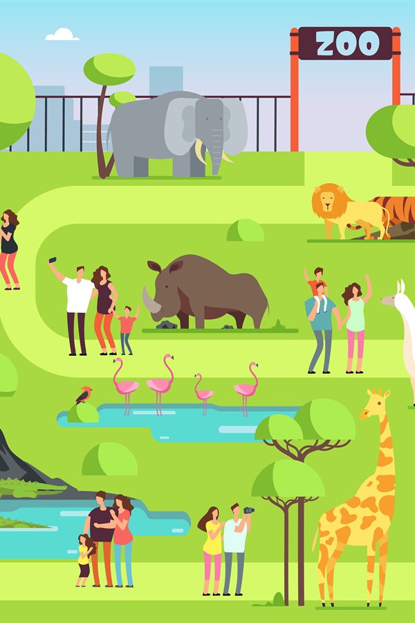 Cartoon zoo with visitors and safari animals. Happy families