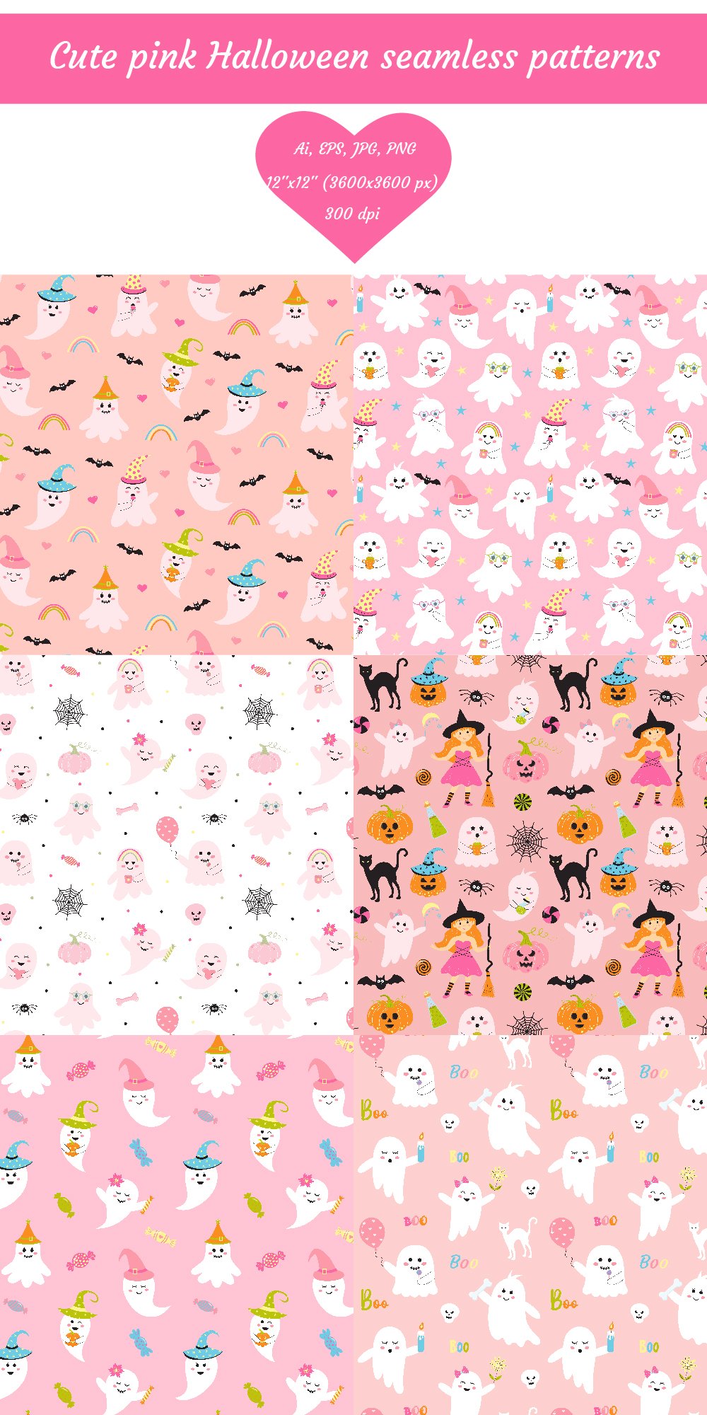 Cute pink Halloween seamless patterns