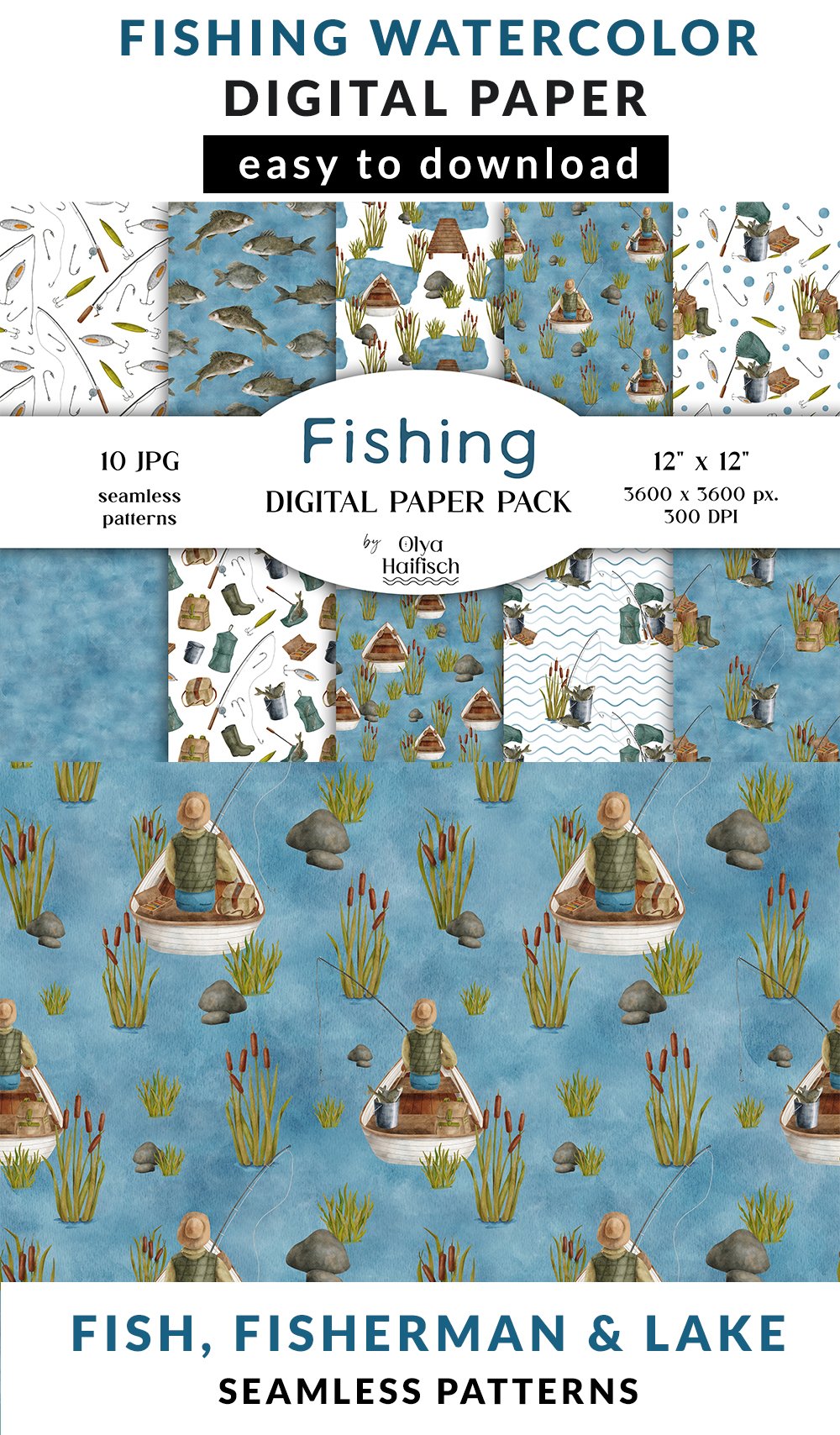 Fishing Watercolor Digital Paper. Fishing Seamless Patterns