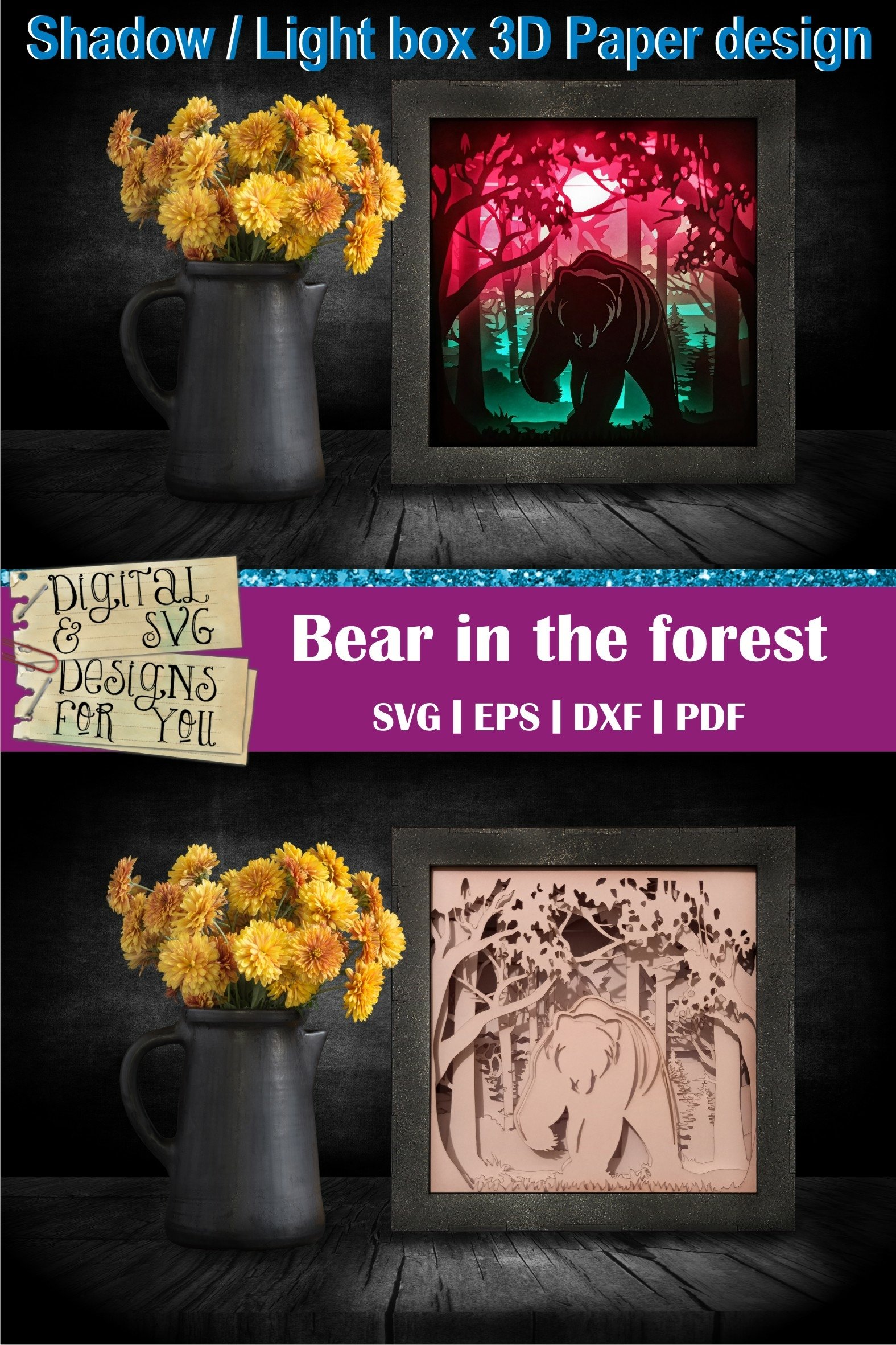 Bear in forest - 3D Light box | 3d Shadow box | Bear svg