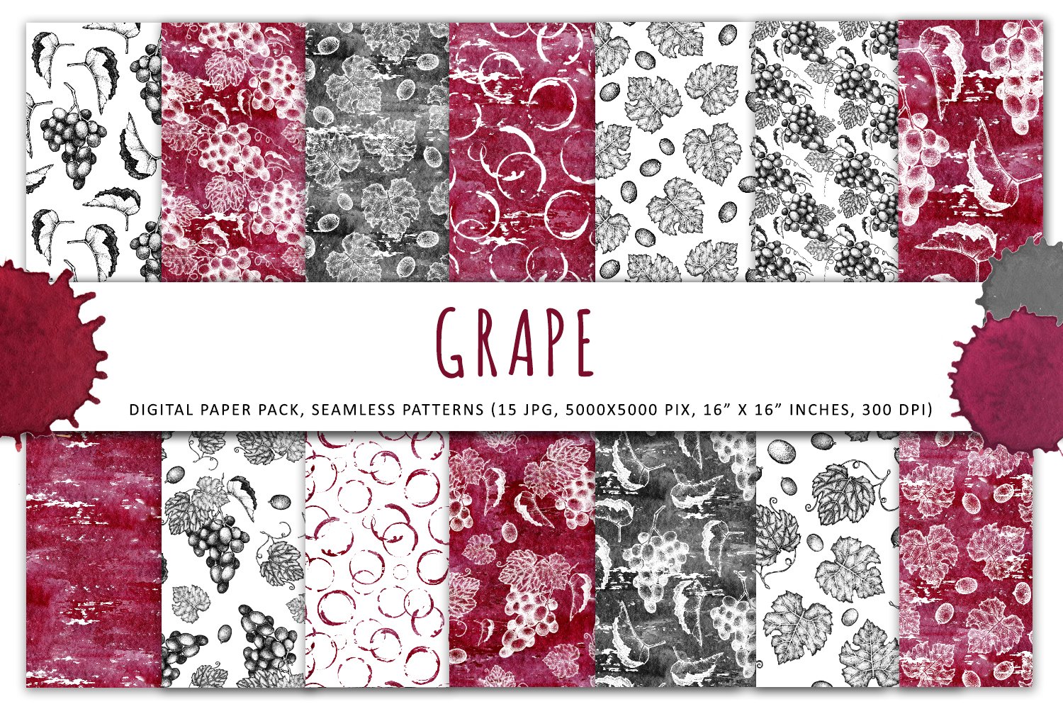 Bunch of grapes digital papers, graphics textured watercolor