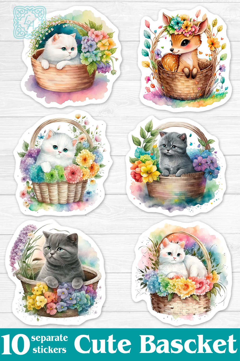 Cute Animals in Bascket. Stickers design PNG